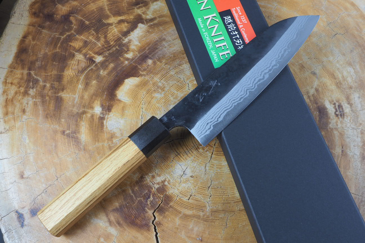 Kamo Knives - Hand Forged V2 Steel Kurouchi Damascus Santoku Knife 16 ...