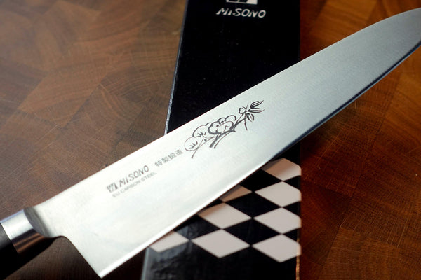 Misono EU Carbon Steel Gyuto Chef's Knife with Dragon/Flower Engraving - Kaz's Knife and Kitchenware